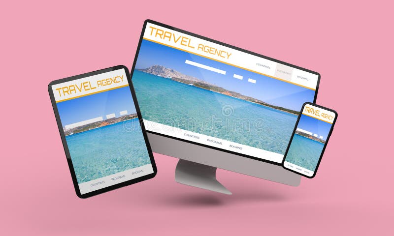 Flying Desktop Computer, Mobile and Tablet 3d Rendering Showing Travel ...