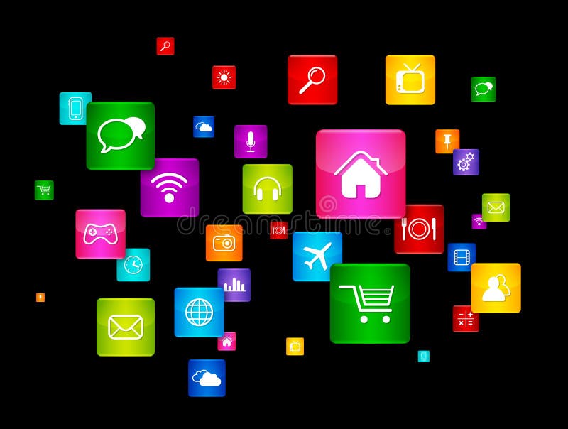 Desktop Computer And Flying Apps Icons Stock Illustration ...