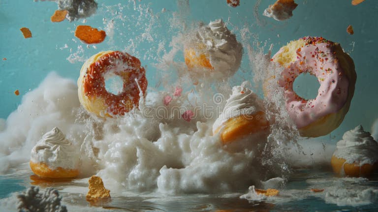 Flying Donuts and Cream Explosion on Blue Background Stock Illustration ...