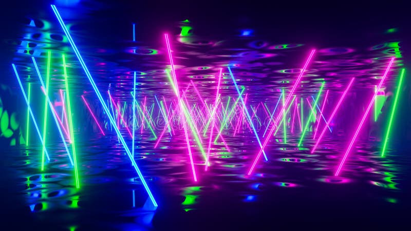 Flying Down a Corridor with Multicolored Fluorescent Lights. 3D ...