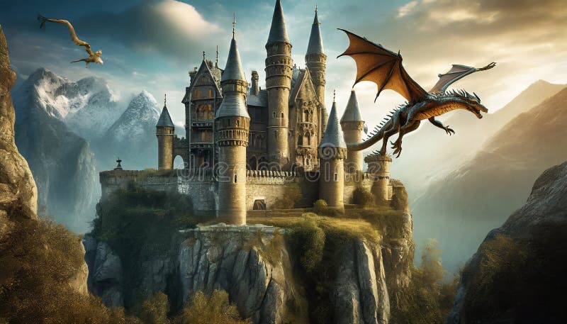 Flying Dragon Around Fairy Castle Stock Illustration - Illustration of ...