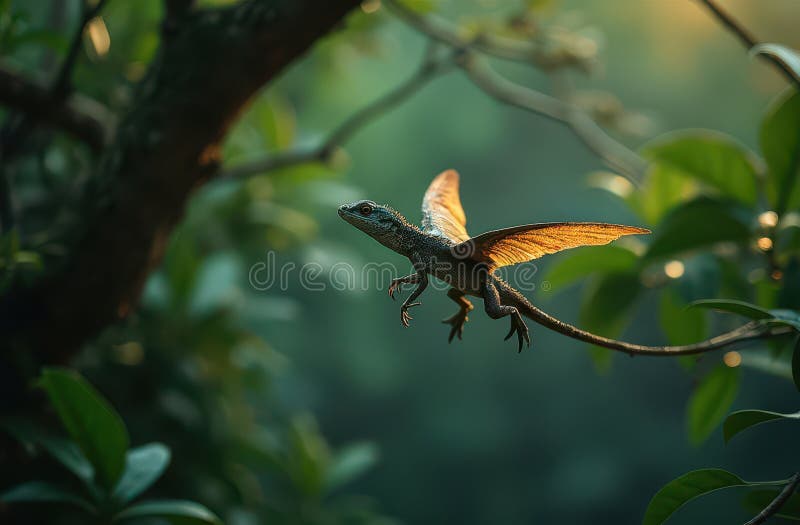 A Flying Dragon Lizard Gliding between Tree Branches in Tropical Canopy ...