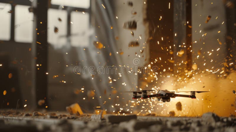 Flying Drone Amidst Explosion Sparks in Industrial Scene Stock Photo ...