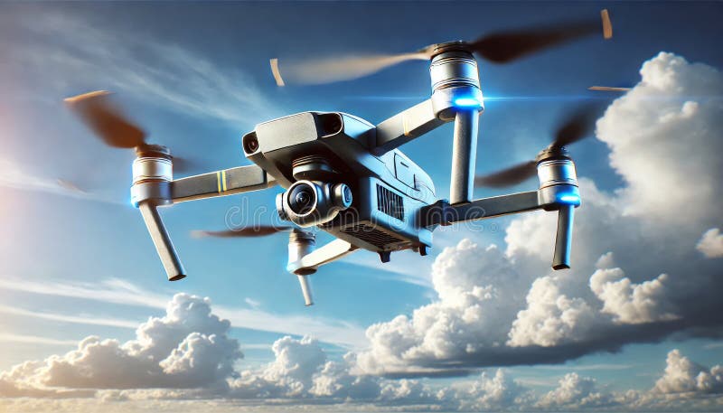 Flying Drone with Camera Against Blue Sky: Realistic High-Tech Aerial ...