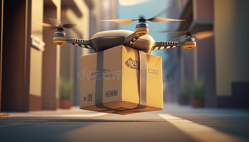 Flying Drone Delivering Cardboard Package with Propeller Generated by ...