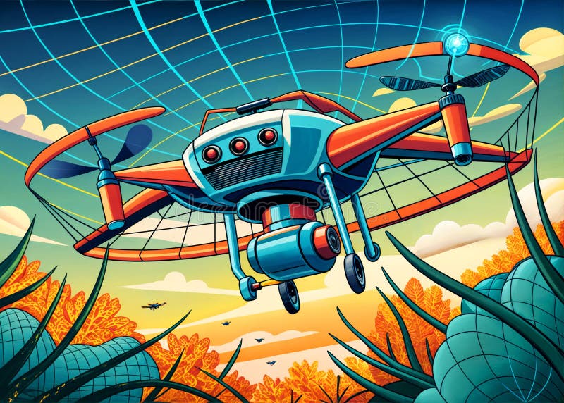 A Flying Drone Gets Entangled in a Mesh Stock Illustration ...