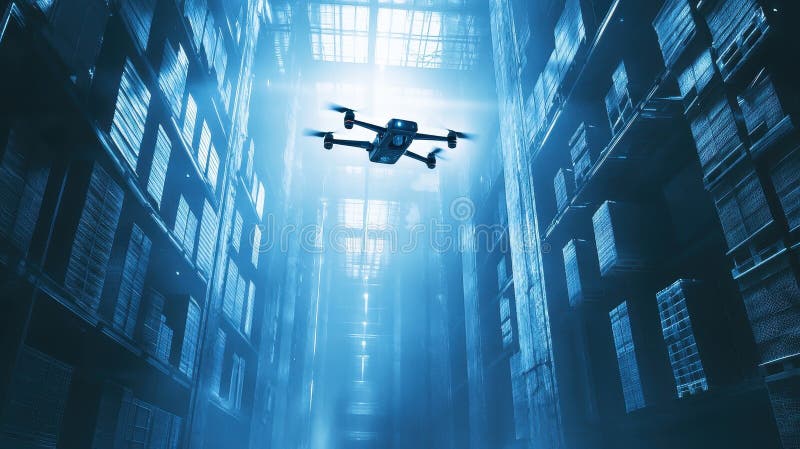 Flying Drone Navigating through a Massive Warehouse Environment Stock ...