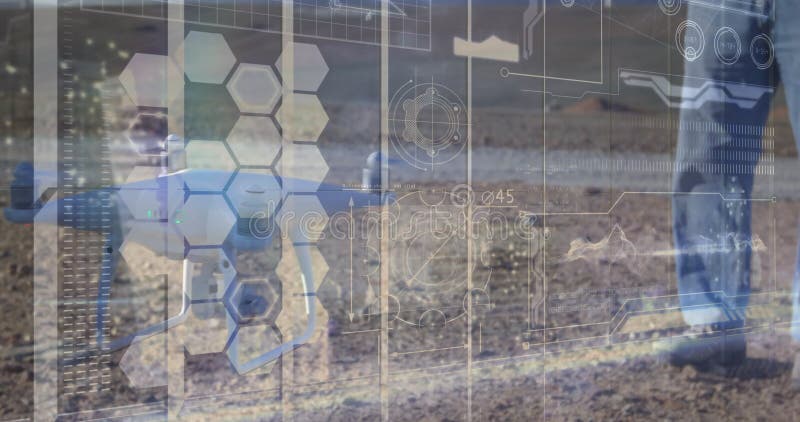 Flying Drone Over Field with Animation of Digital Interface and ...