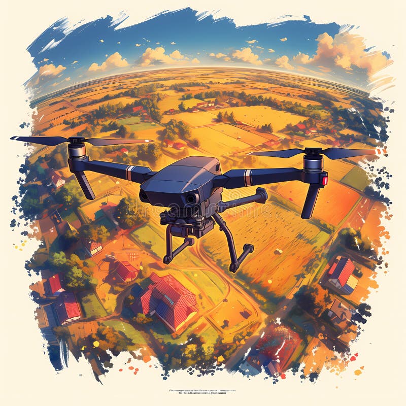 Flying Drone Over Sunlit Landscape Stock Illustration - Illustration of ...