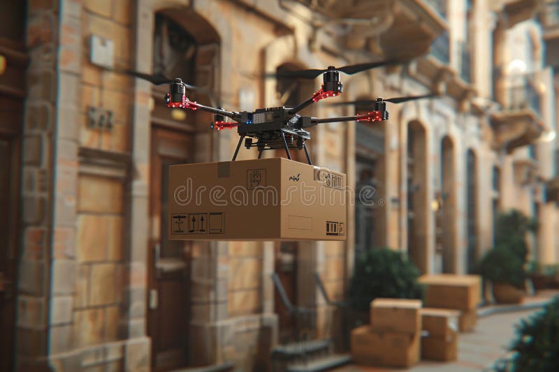 Flying Drones in Air Transportation. Delivery with Drone and Cardboard ...