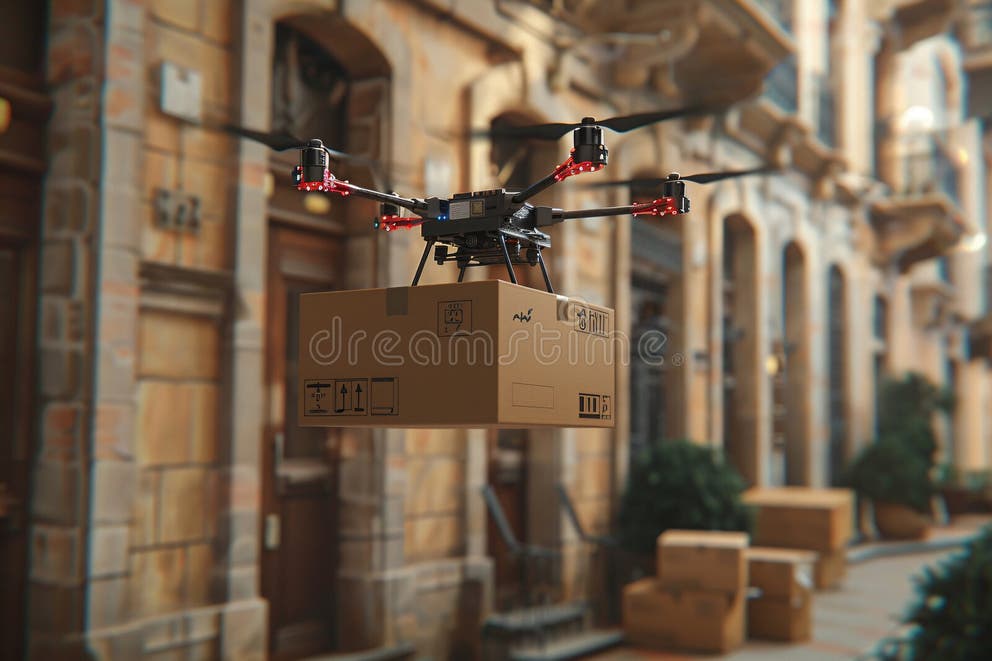 Flying Drones in Air Transportation. Delivery with Drone and Cardboard ...