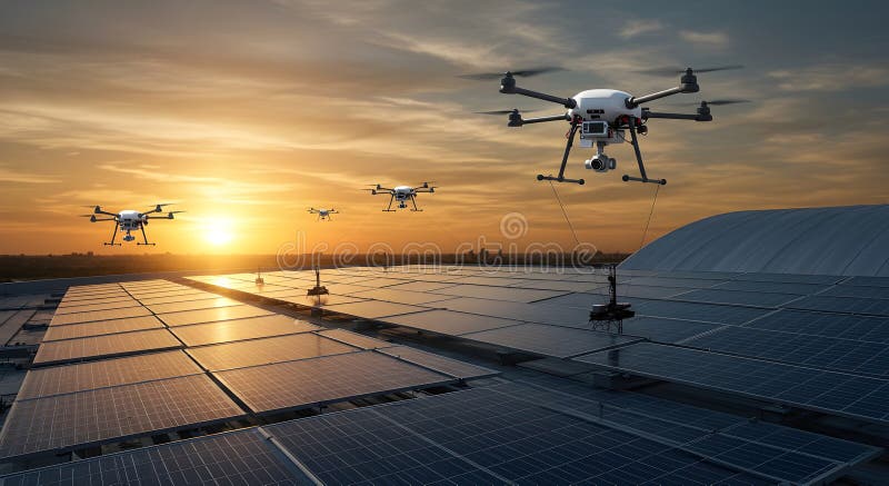 Flying Drones Over Solar Panels at Sunset for Inspection and ...