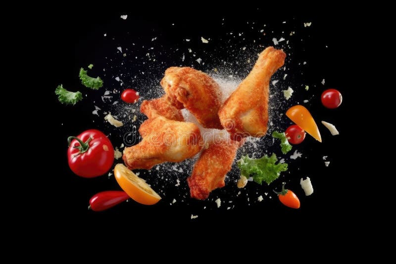 Flying Elements of Fried Chicken with Tomatoes and Parsley, Generative ...