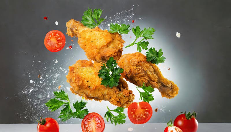 Flying Elements of Fried Chicken with Tomatoes and Parsley, Tasty Food ...