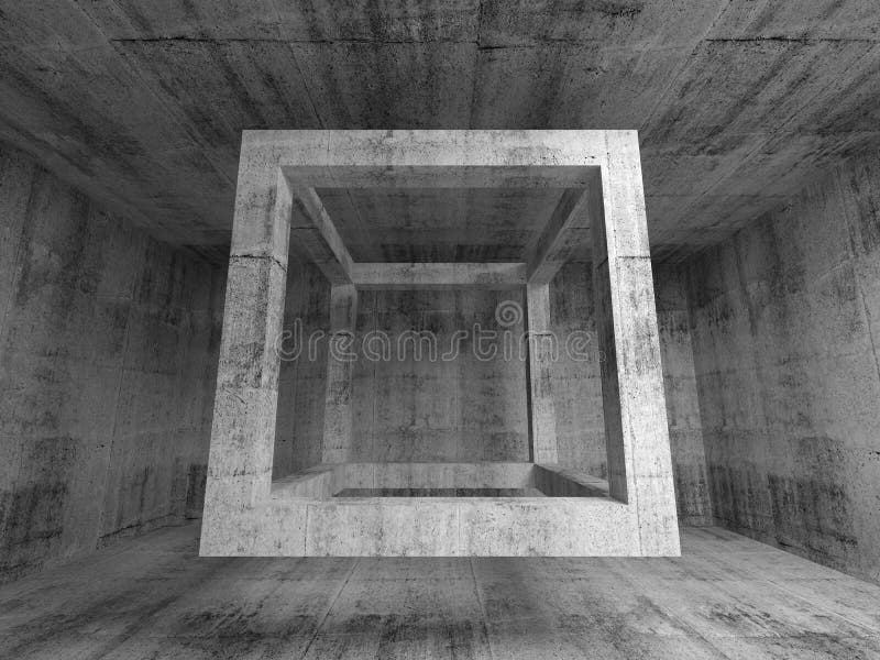 Flying Empty Beam Cube in Abstract 3d Concrete Room Interior Stock ...