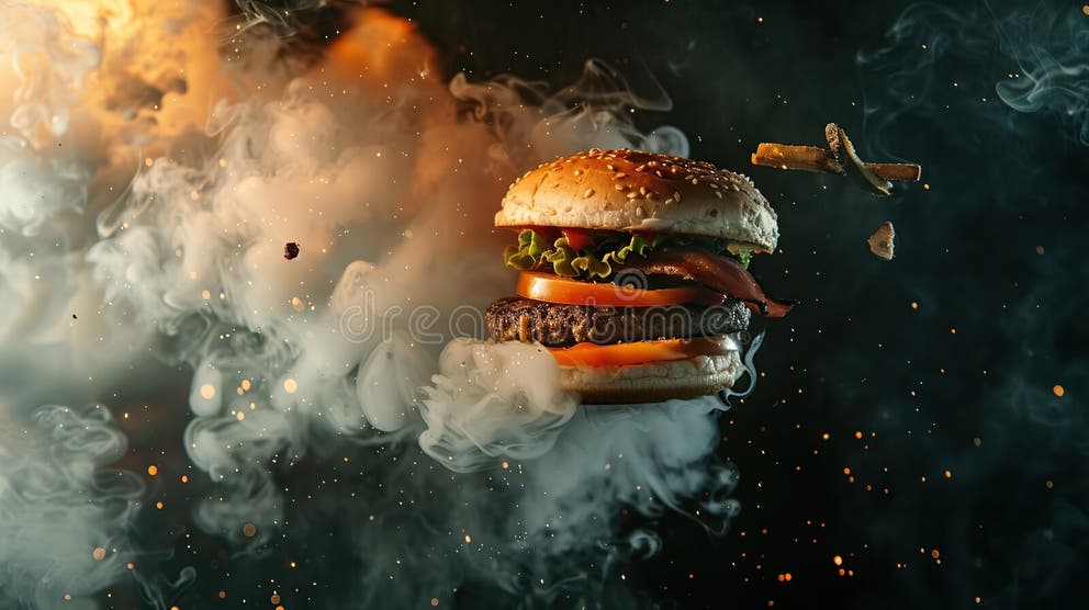 Flying Exploded Complete Composition of Grilled Beef Burger and Soft ...