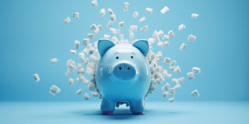 Flying Exploding Piggy Bank on a Blue Background , Concept of ...