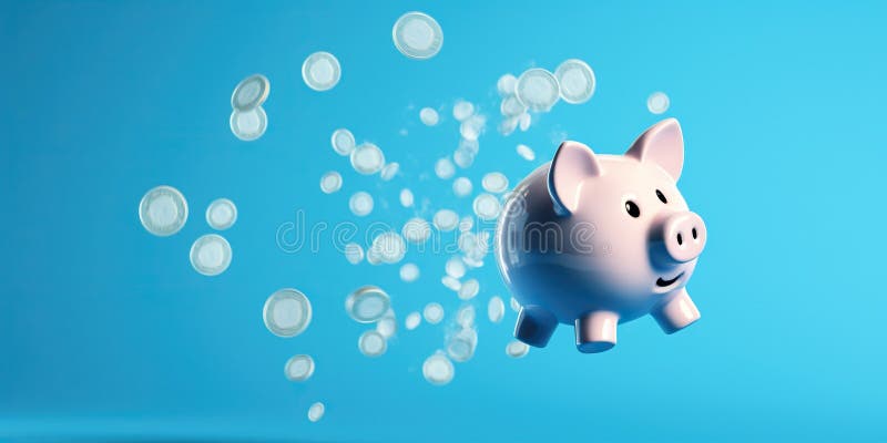 Flying Exploding Piggy Bank on a Blue Background , Concept of ...