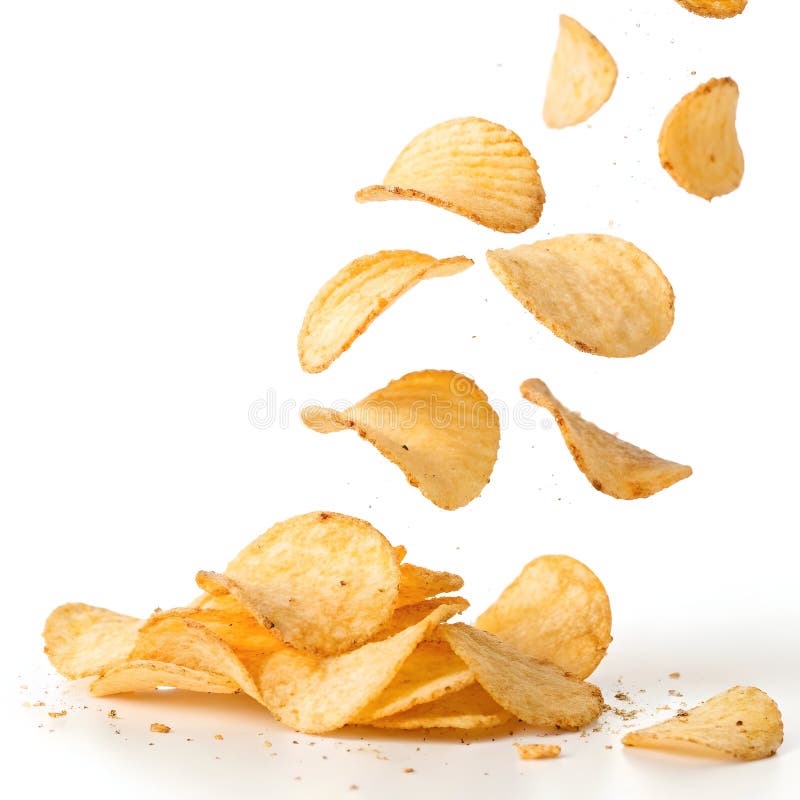 Flying and Falling Crispy Potato Chips Isolated on White Background ...