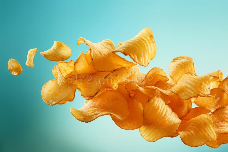 Flying and Falling Crispy Wavy Potato Chips. Generative AI Stock ...