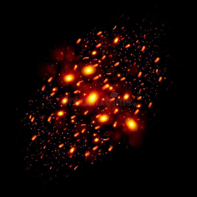 Fiery Sparks on Air Over Dark Night. Flying Glowing Particles from Fire ...