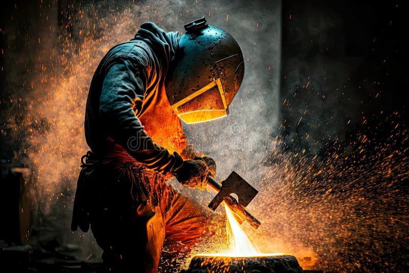 Flying Fire and Sparks when Master Works with Metal on Anvil Stock ...