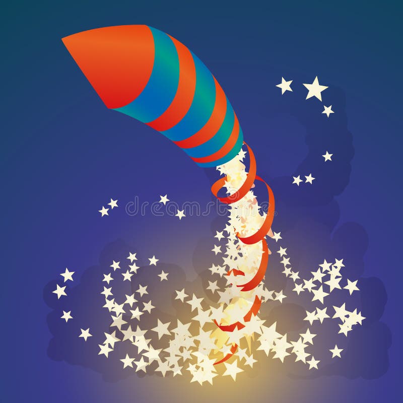 Flying Firework Rocket with a Ribbon and Stars in the Night Sky Stock ...
