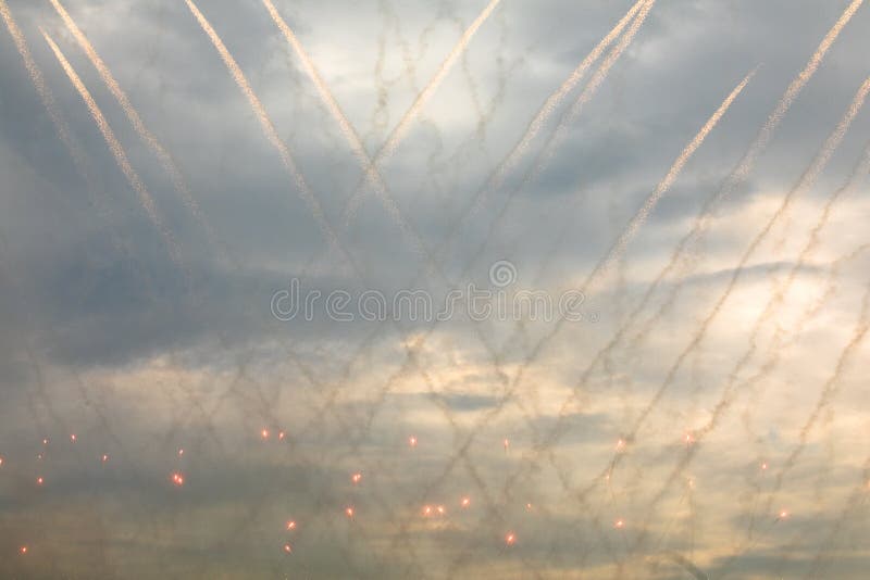 Flying Fireworks in the Night Sky. Line Trackrs Create a Pattern of a ...