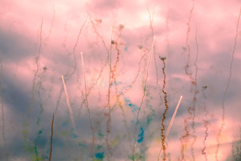 Flying Fireworks in the Night Sky. Line Trackrs Create a Pattern of a ...