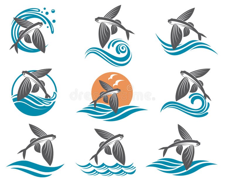 Flying Fish Illustrations Set Stock Vector - Illustration of river ...