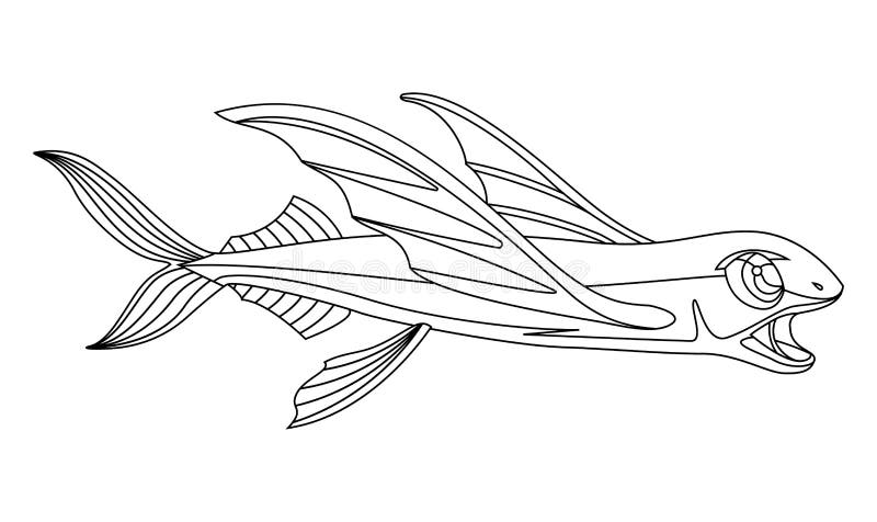 Flying Fish in a Linear Style for Printing and Coloring. Vector ...