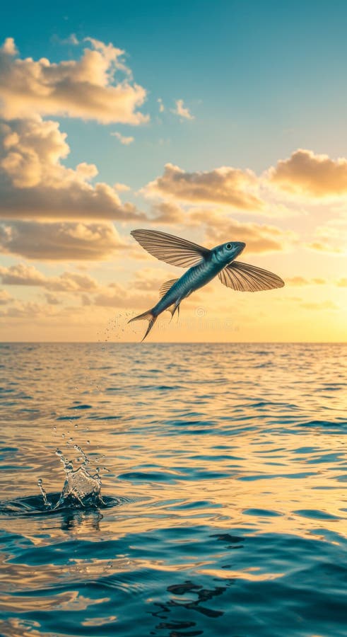 Flying Fish Soaring Above Ocean at Sunset Stock Illustration ...
