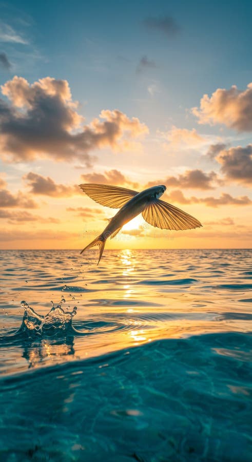 Flying Fish Soaring Over Ocean at Sunset Stock Illustration ...