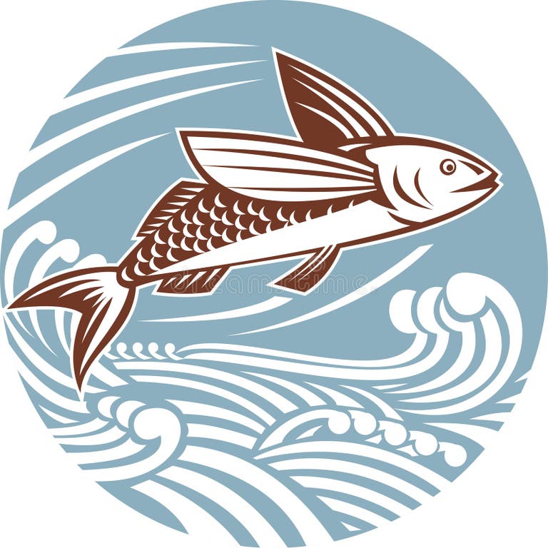 Flying Fish with Waves Retro Style Stock Illustration - Illustration of ...