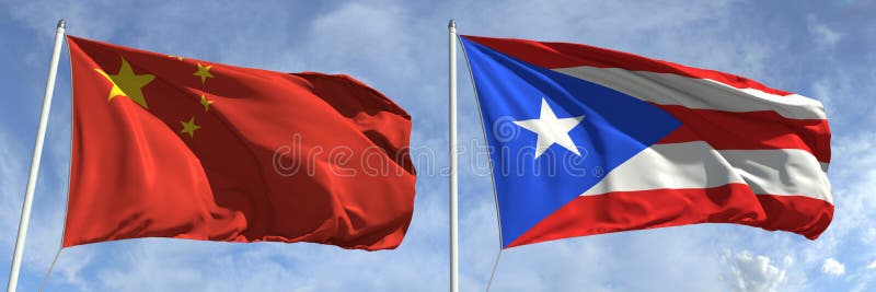 Flying Flags of China and Puerto Rico on High Flagpoles. 3d Rendering ...