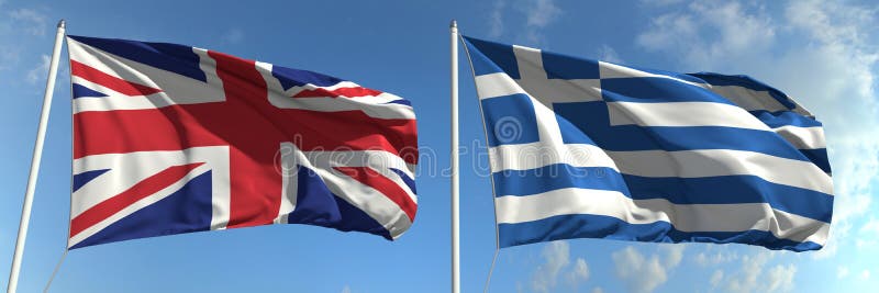 Flags of Great Britain and Greece on Flagpoles. 3d Rendering Stock ...
