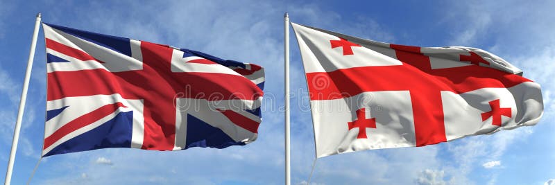 Flying Flags of Great Britain and Georgia on High Flagpoles. 3d ...