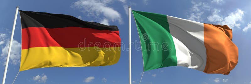 Flying Flags of Germany and Ireland on Sky Background, 3d Rendering ...