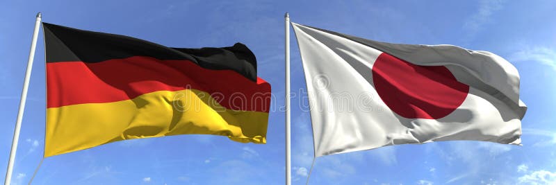 Flying Flags of Germany and Japan on High Flagpoles. 3d Rendering Stock ...