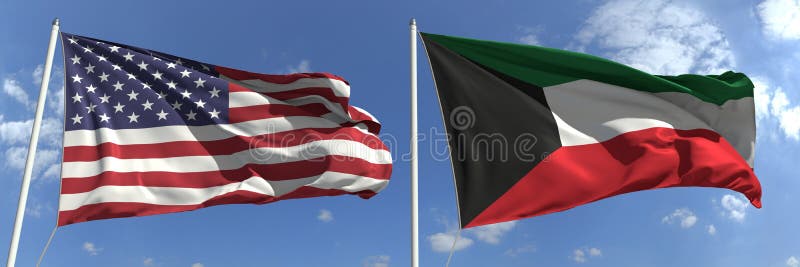 Flying Flags of the USA and Kuwait on Sky Background, 3d Rendering ...