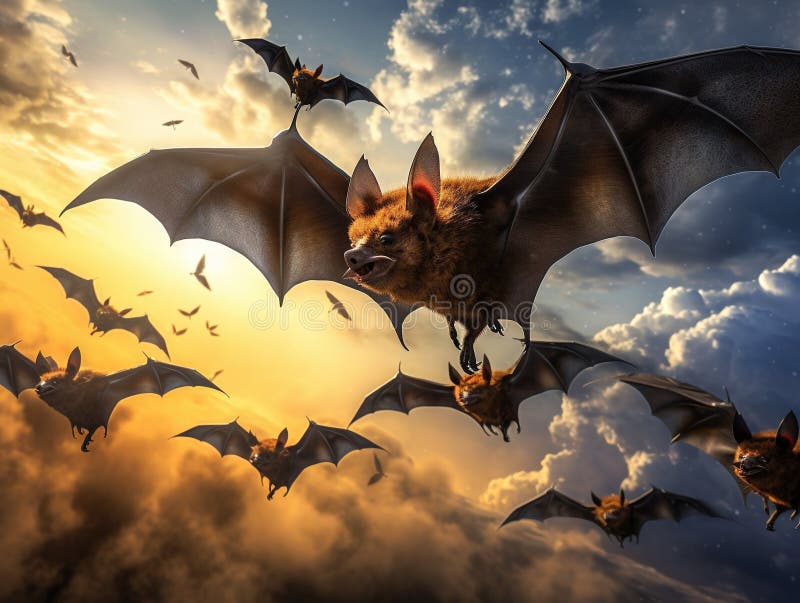 Ai Generated Illustration Wildlife Concept of Flying Fox Fruit Bats in the Sky Stock ...