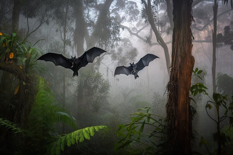 Flying Foxes, Gliding through Magical Forest Mist Stock Illustration ...