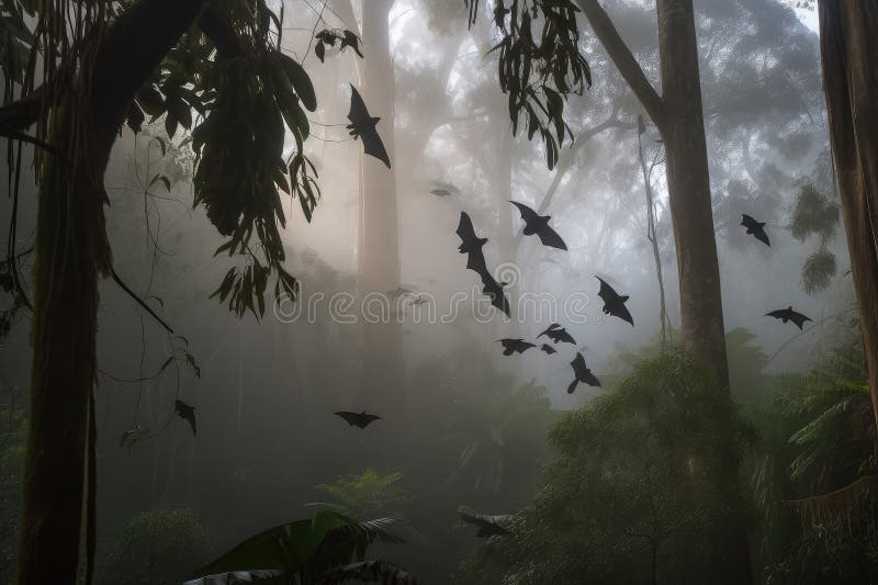 Flying Foxes, Gliding through Magical Forest Mist Stock Illustration ...