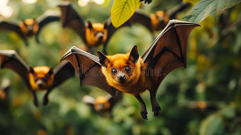 Flying foxes in rainforest stock illustration. Illustration of eyes ...