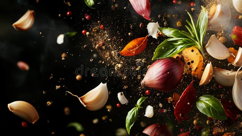 Flying Fragrant Spices with Garlic, Onion, and Rosemary for Culinary ...