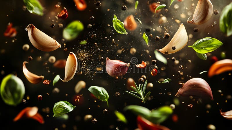 Flying Fragrant Spices with Garlic, Onion, and Rosemary for Culinary ...