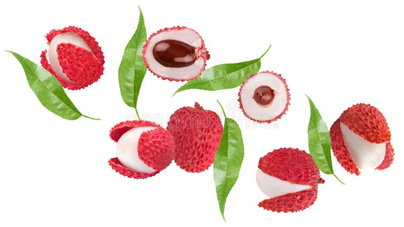Flying Fresh Lychee with Slices and Green Leaves Isolated on White ...