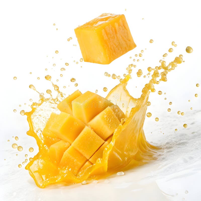 Flying Fresh Mango Cube with Juice Splash Isolated on White Background ...