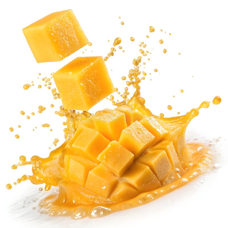 Flying Fresh Mango Cube with Juice Splash Isolated on White Background ...