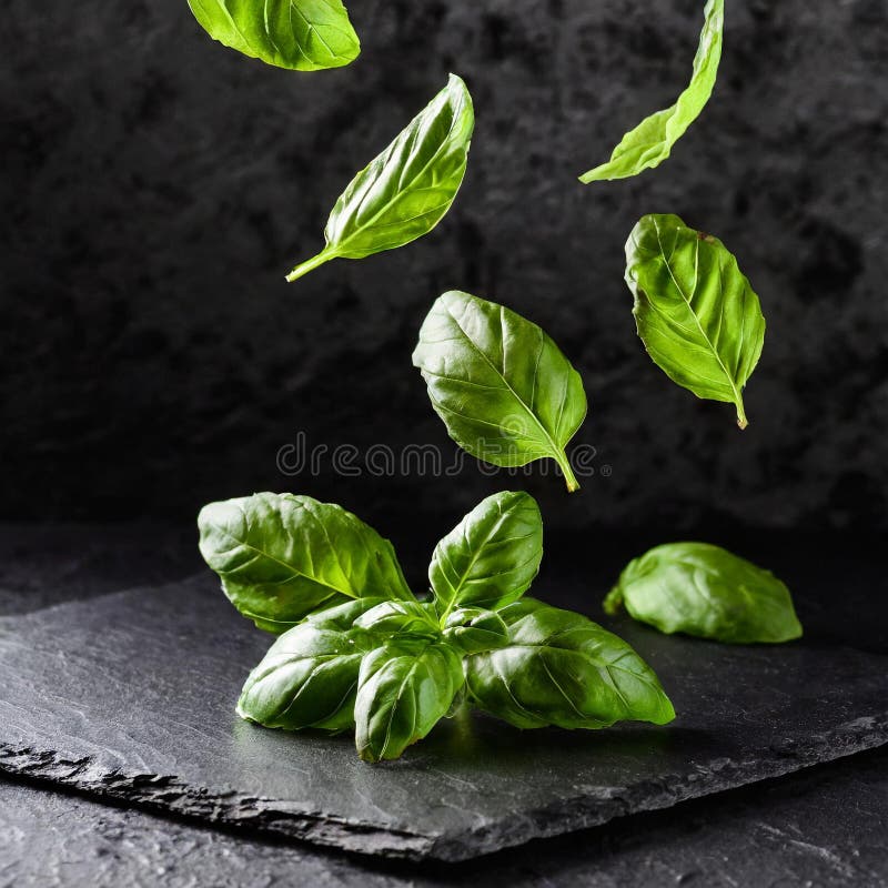 Flying Fresh Natural Basil Leaves on Black Stone Background Stock ...